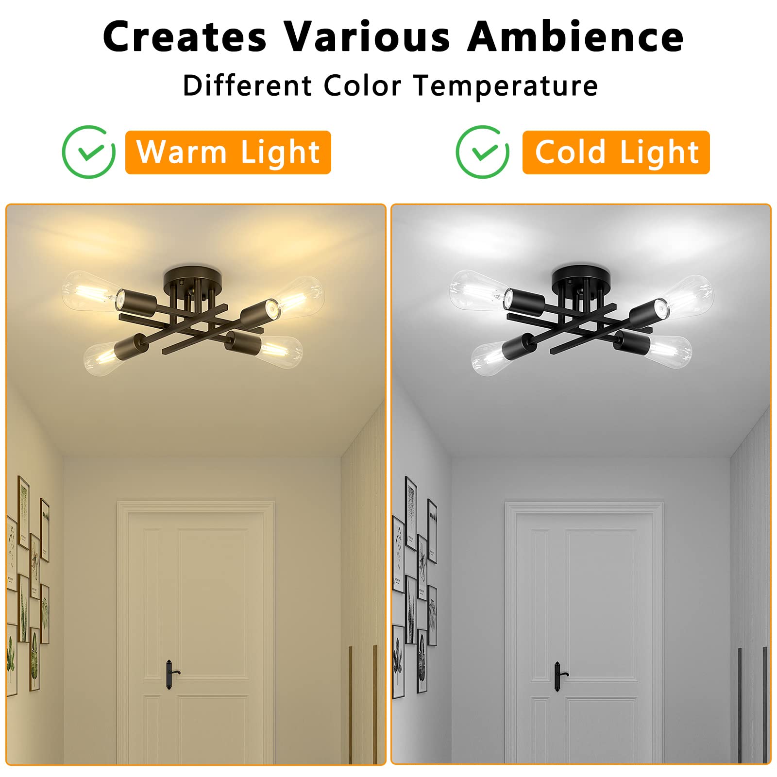 Lomoky Industrial 4-Light Semi Flush Mount Ceiling Light Fixture, Modern Black Close to Ceiling Light, Farmhouse Chandelier Ceiling Lamp for Hallway Kitchen Bedroom Living Room (2 Pack)