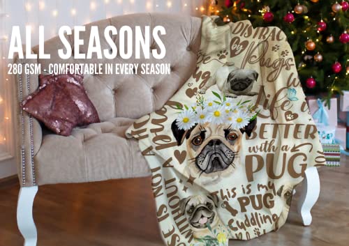 Pug Gifts for Pug Lovers, Pug Flannel Blanket for Pug Lovers, Soft Throw Blanket 50"x 65"