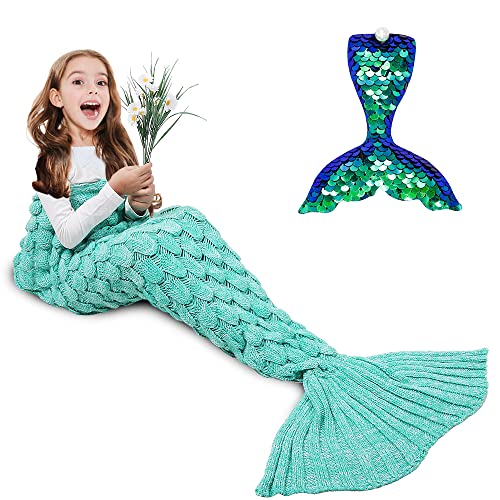 AmyHomie Mermaid Tail Blanket, Soft Crochet Sleeping Bag Blanket for Kids Adults, Mermaid Gift for Girls(ScaleMint,Kids)