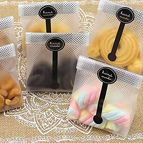 Cookie Bags for Packaging, Searik Translucent Plastic Cellophane Pastry Treat Bags for Party Gift Giving Bakery Bread Candy Chocolate Wrapping Goods with Stickers and Ribbon (3.5 x 8.8 Inches, 80 Pcs)