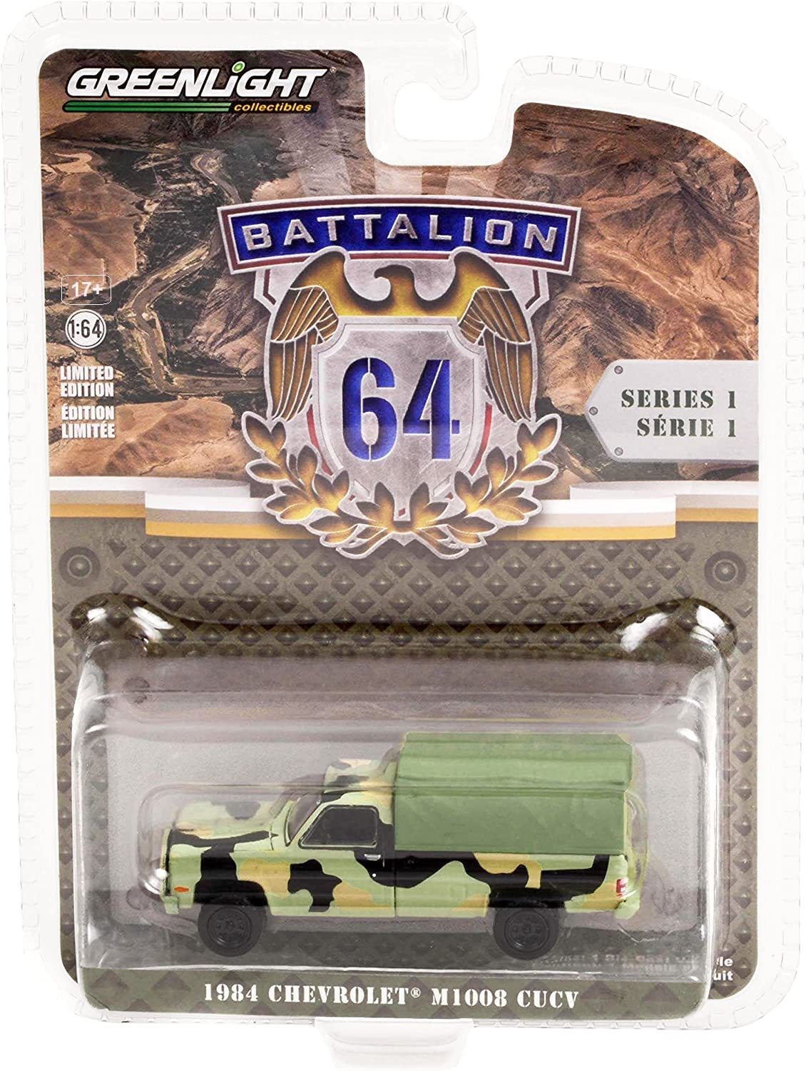 1984 Chevy M1008 CUCV Pickup Truck with Cargo Cover Camouflage Green Battalion 64" Release 1 1/64 Diecast Model Car by Greenlight 61010E