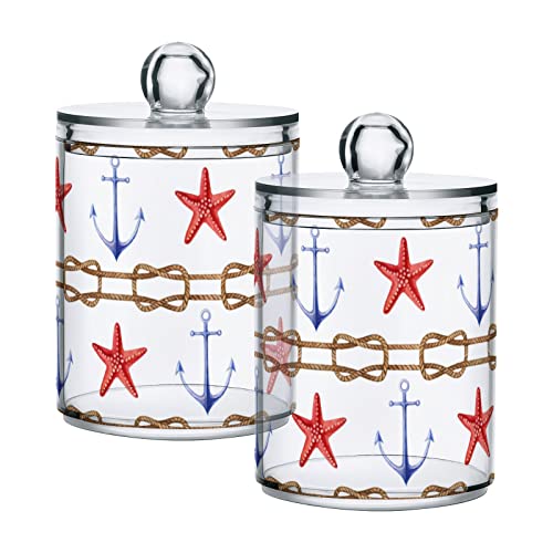 Vintage Starfishes Sea Anchors Qtip Holder Dispenser Watercolor Nautical Rope Bathroom Canister Storage Organization 4 Pack Clear Plastic Apothecary Jars with Lids Vanity Makeup Organizer For Cotton