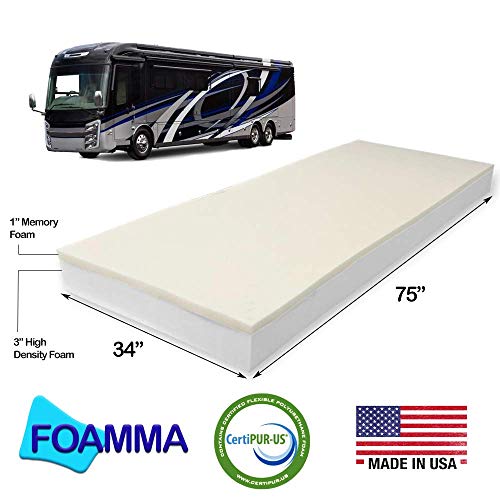 Foamma 4β x 34β x 75β Camper/RV Travel Memory Foam Bunk Mattress Replacement, Made in USA, Comfortable, Travel Trailer, CertiPUR-US Certified, Cover Not Included