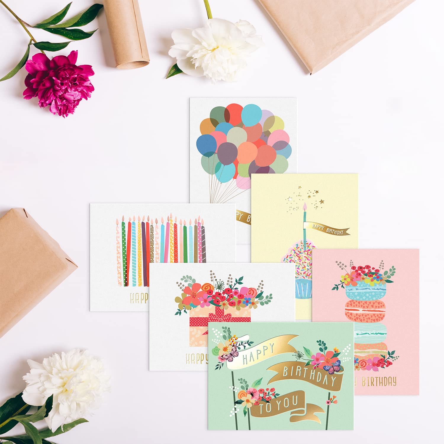 Sweetzer & Orange Gold Foil Bulk Birthday Cards Assortment – 24pc Bulk Happy Day flyers with Envelopes Box Set – Assorted Blank Birthday Cards for Women, Men, and Kids in a Boxed pack