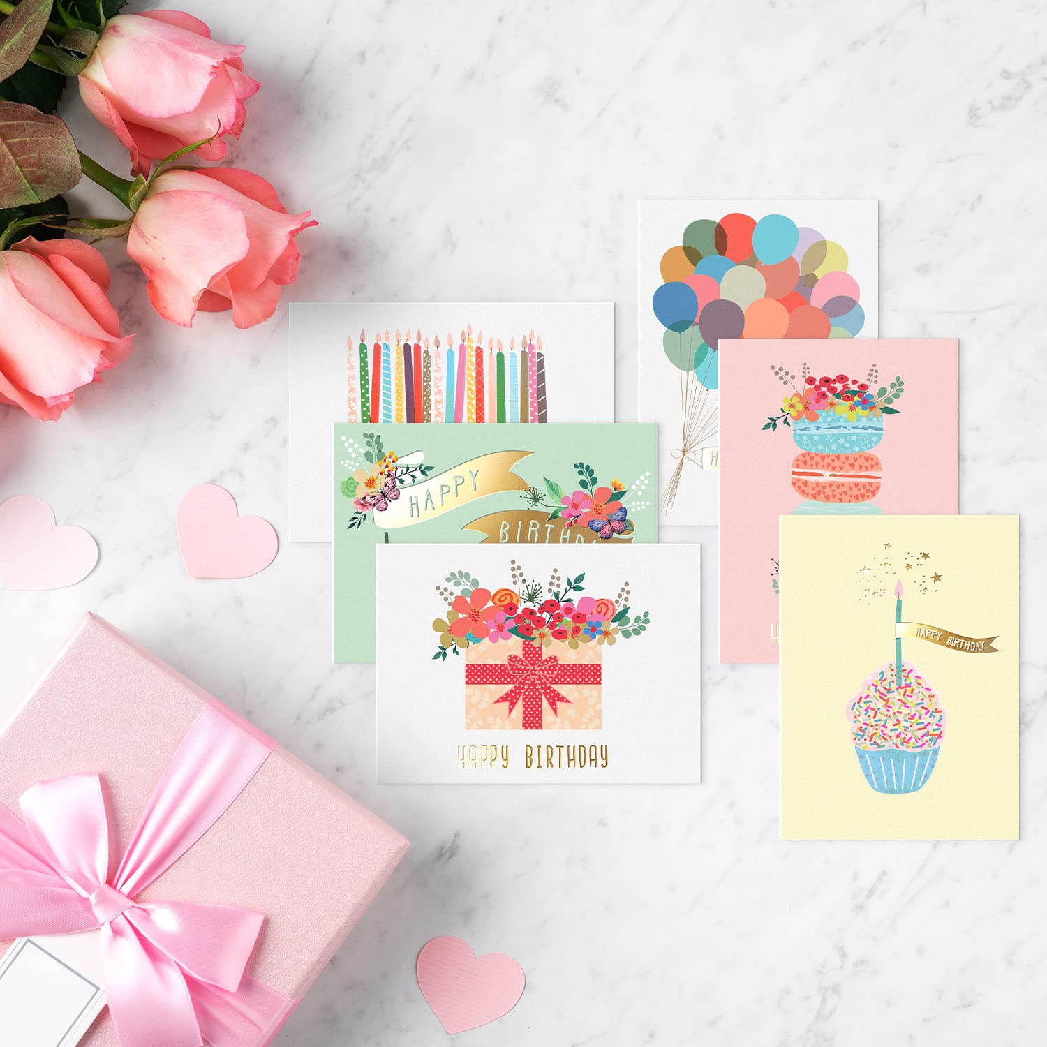 Sweetzer & Orange Gold Foil Bulk Birthday Cards Assortment – 24pc Bulk Happy Day flyers with Envelopes Box Set – Assorted Blank Birthday Cards for Women, Men, and Kids in a Boxed pack