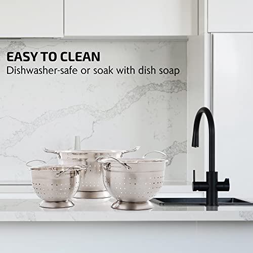 Ovente Premium Stainless Steel Colander Set of 3 Deep Kitchen Strainer, Dishwasher Safe 1.5, 3 & 5 Quarts Metal Bowl Drainer with Handle for Pasta, Fruit, Noodle, Meal Prep, Silver C46263S