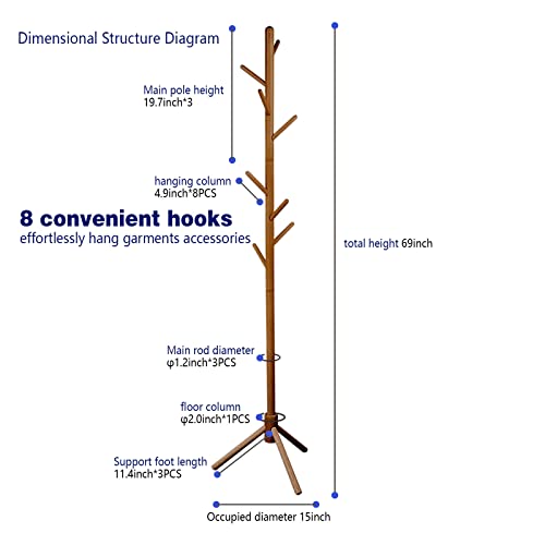 Gcnobaem Wooden Tree Coat Rack with 3 Adjustable Sizes, 8 Hooks, Super Easy Assembly NO Tools Required, Free Standing Solid Coat Hanger Stand for Clothes, Garment, Hats, Accessories (Dark Walnut)