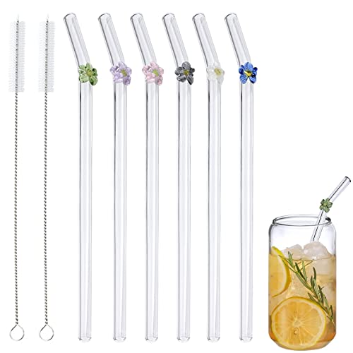 KIGOTWIN Reusable Glass Straw with Flower ,Colorful Shatter Resistant Bend Straws Cocktails Bar Accessories with Cleaning Brush (8), Blue,Green,White,Grey,Pink,Purple