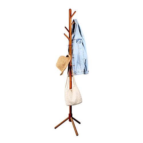 Gcnobaem Wooden Tree Coat Rack with 3 Adjustable Sizes, 8 Hooks, Super Easy Assembly NO Tools Required, Free Standing Solid Coat Hanger Stand for Clothes, Garment, Hats, Accessories (Dark Walnut)