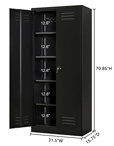CJF Metal Storage Cabinet, Locked Steel File Cabinet with 4 Adjustable Shelves & Locking System, Tall Metal Garage Cabinet for Office, Home, 70.86" H×31.5" W×15.75" D（Black）