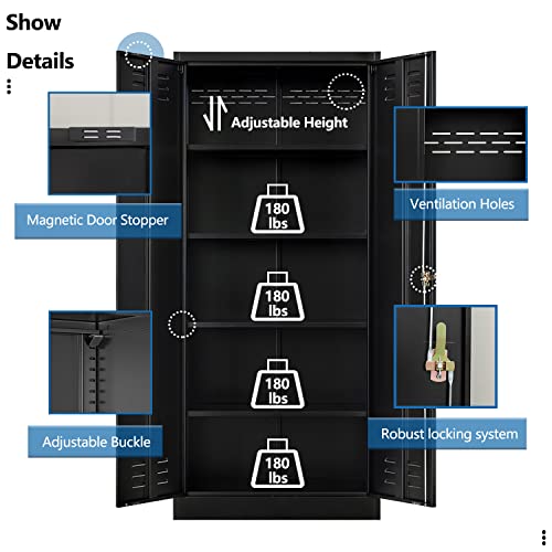 CJF Metal Storage Cabinet, Locked Steel File Cabinet with 4 Adjustable Shelves & Locking System, Tall Metal Garage Cabinet for Office, Home, 70.86" H×31.5" W×15.75" D（Black）