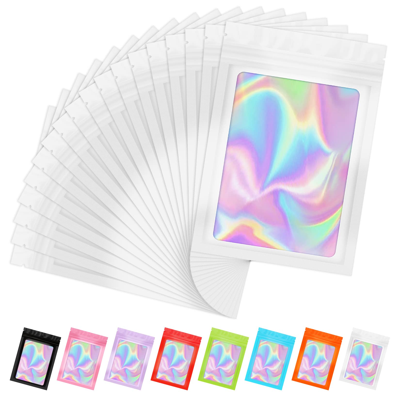 JTIEO 50Pcs Resealable Bags for Food Storage 4x6Inch Holographic Bags with Clear Window Foil Pouch Packaging Bag Self Sealing Bag for Party Favors, Lipgloss, Jewelry, Candy White