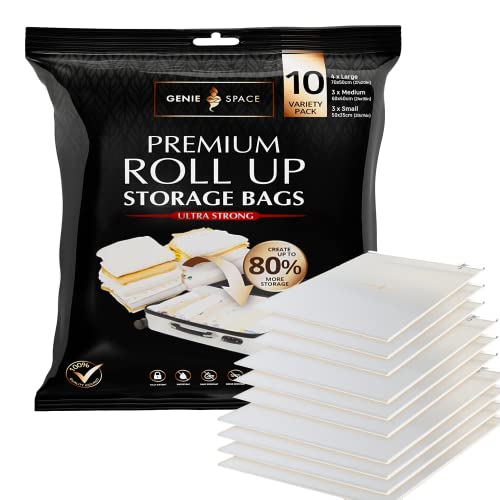 GENIE SPACE - Incredibly Strong Premium Space Saving Roll Up Bags | Variety 10 Pack (4L+3M+3S) | Create 80% More Space | Ideal for Travel or Around The Home.