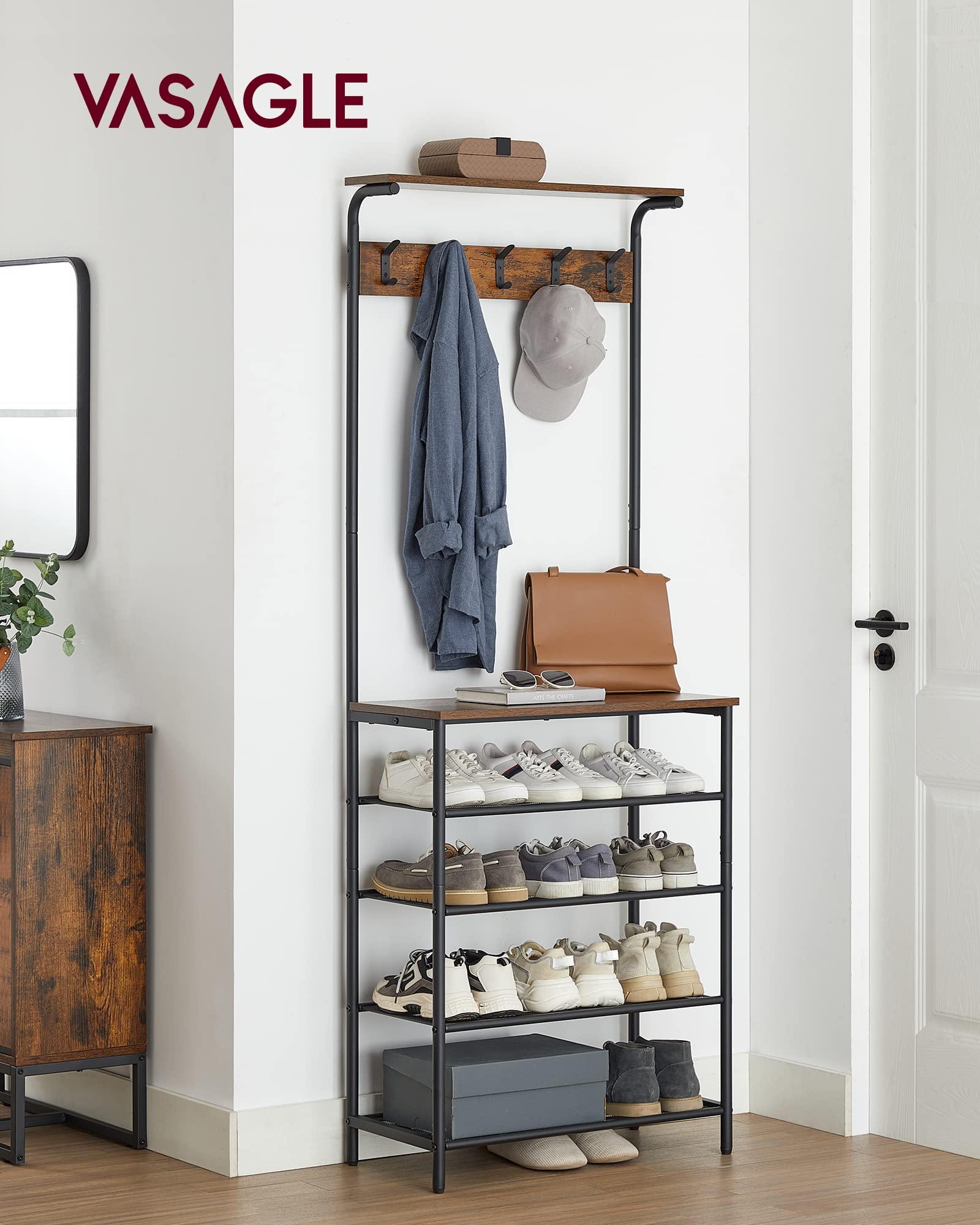 VASAGLE Hall Tree with Shoe Bench, Coat Rack Shoe Bench, 5-Tier Shoe Rack Different Heights, 5 Dual Hooks, Top Shelf, Entryway Organizer, Hallway Bedroom Dorm, Rustic Brown and Black UHSR412B01