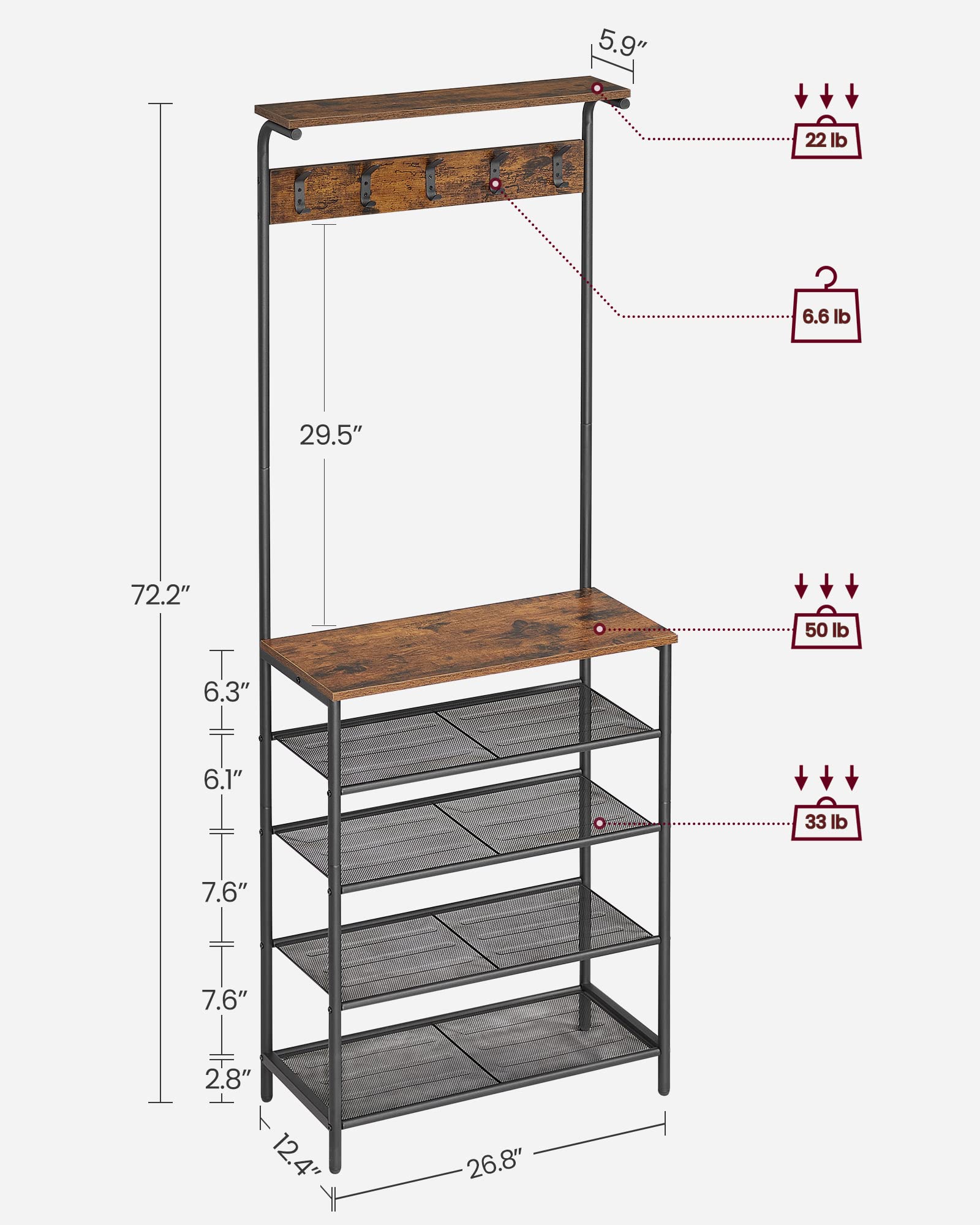 VASAGLE Hall Tree with Shoe Bench, Coat Rack Shoe Bench, 5-Tier Shoe Rack Different Heights, 5 Dual Hooks, Top Shelf, Entryway Organizer, Hallway Bedroom Dorm, Rustic Brown and Black UHSR412B01
