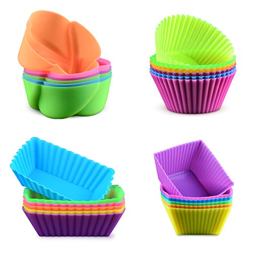 Silicone Baking Cups Cupcake Liners - 24Pcs Reusable Silicone Molds Including Round, Rectanguar, Square, Flower BPA Free Food Grade Silicone
