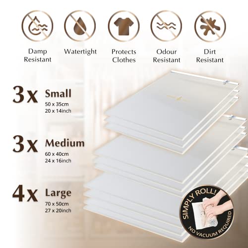 GENIE SPACE - Incredibly Strong Premium Space Saving Roll Up Bags | Variety 10 Pack (4L+3M+3S) | Create 80% More Space | Ideal for Travel or Around The Home.