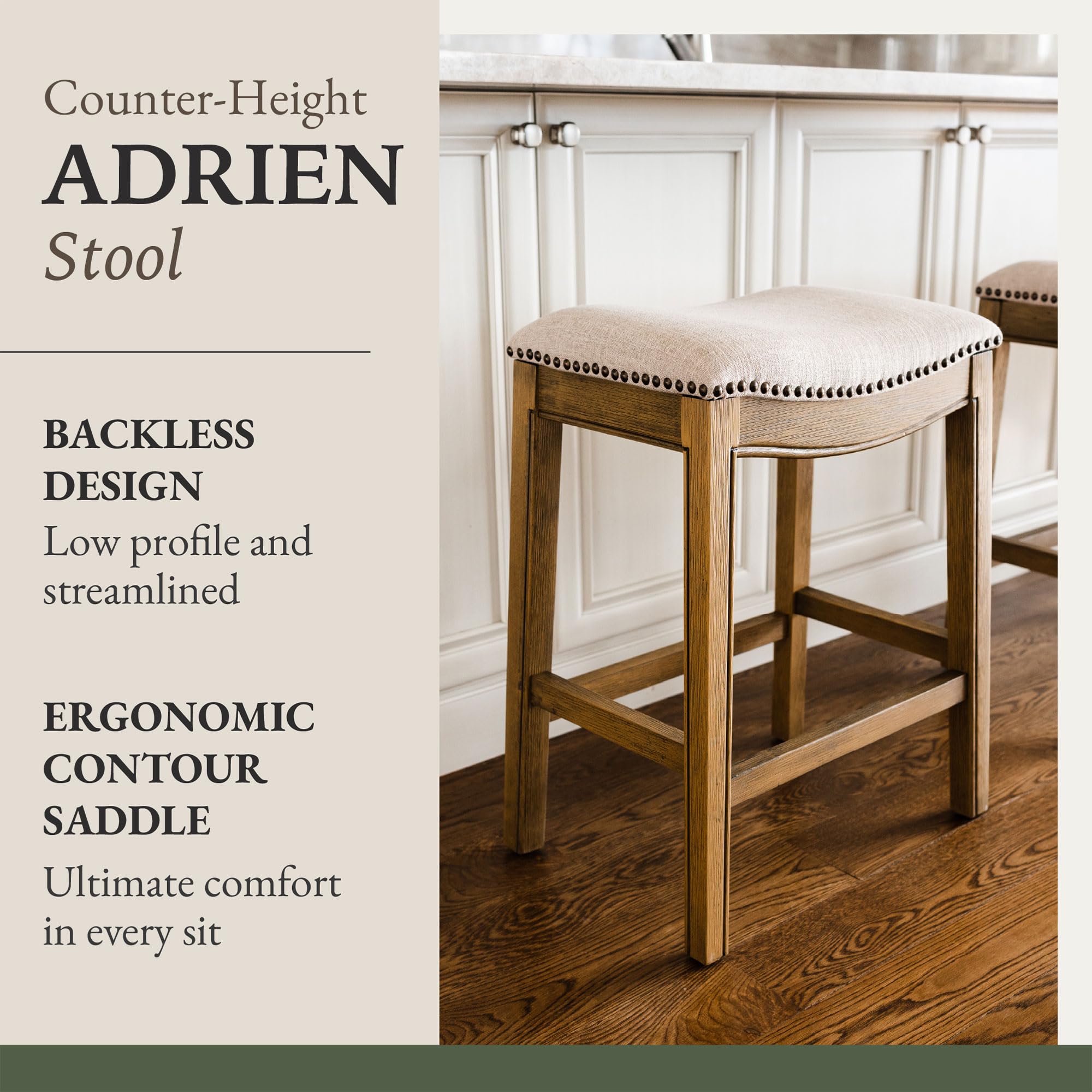 Maven Lane Adrien 26 Inch Counter Height Upholstered Backless Saddle Barstool in Natural Wood Finish with Wheat Cream Fabric Cushion Seat