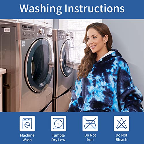 Esran Wearable Blanket Hoodie Sweatshirt for Women and Men with Sleeves and Big Pockets Super Warm One Size Fits All(Dark Blue Tie-dye)
