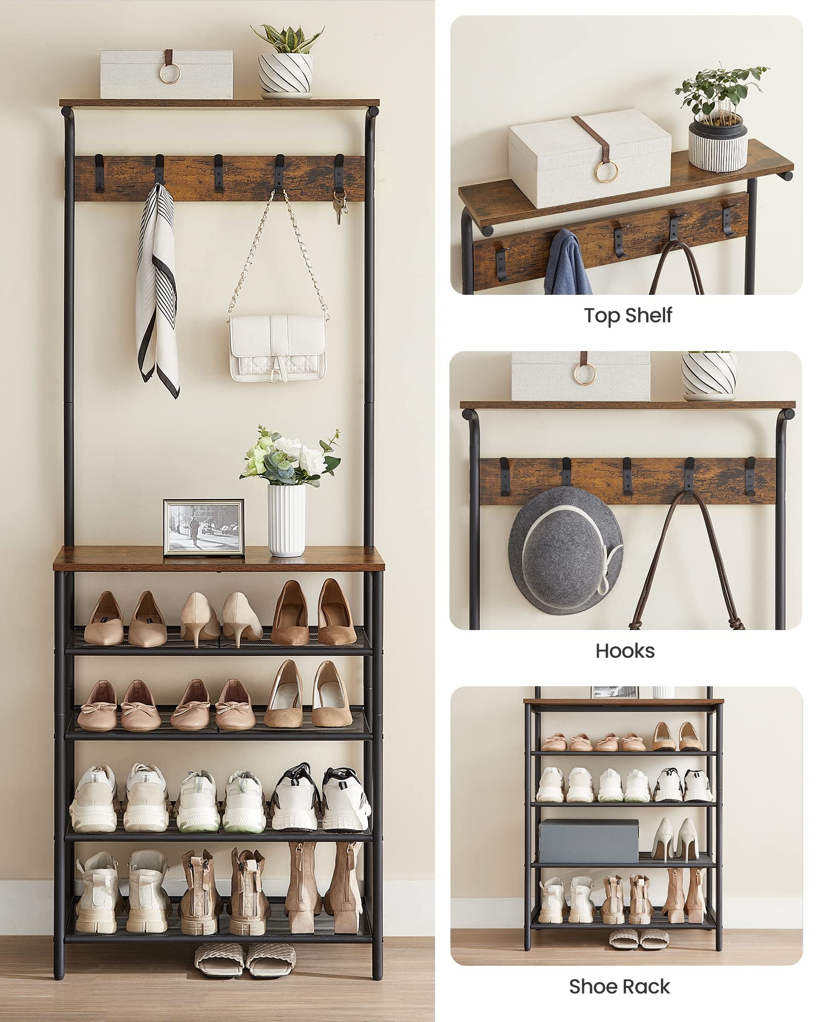 VASAGLE Hall Tree with Shoe Bench, Coat Rack Shoe Bench, 5-Tier Shoe Rack Different Heights, 5 Dual Hooks, Top Shelf, Entryway Organizer, Hallway Bedroom Dorm, Rustic Brown and Black UHSR412B01