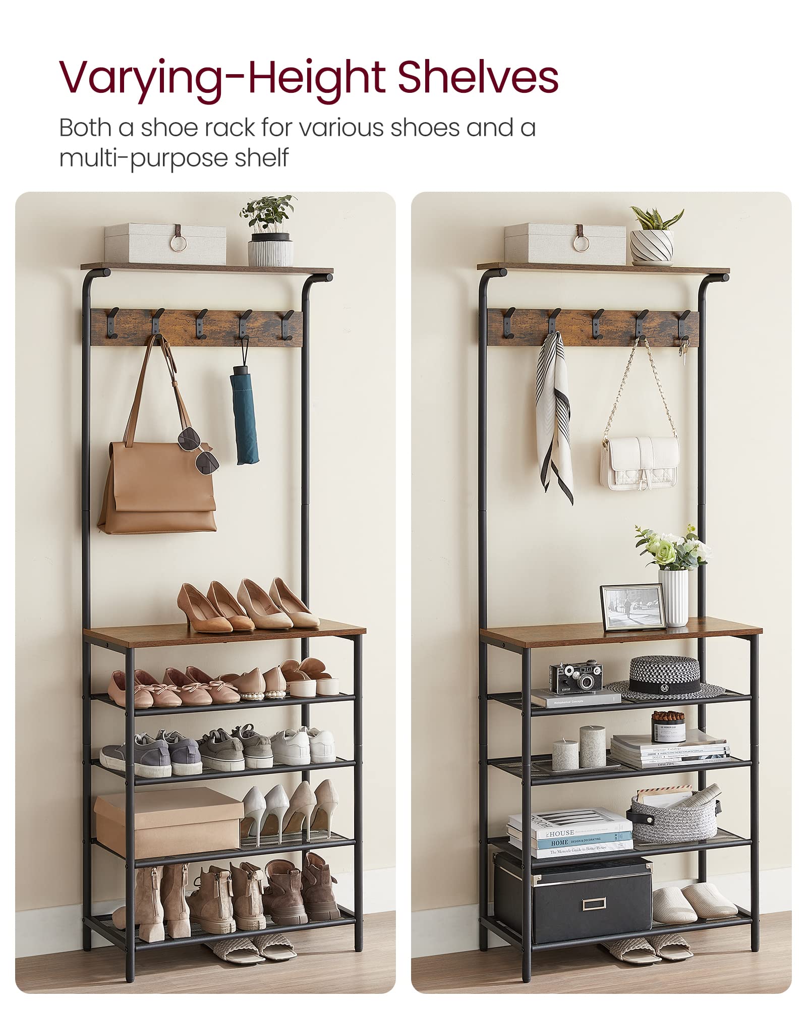 VASAGLE Hall Tree with Shoe Bench, Coat Rack Shoe Bench, 5-Tier Shoe Rack Different Heights, 5 Dual Hooks, Top Shelf, Entryway Organizer, Hallway Bedroom Dorm, Rustic Brown and Black UHSR412B01