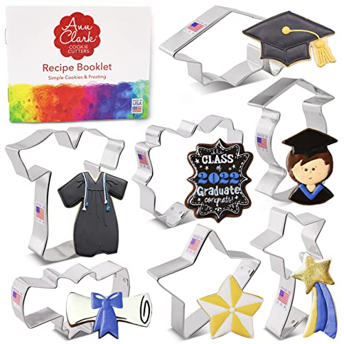 Ann Clark Cookie Cutters 7-Piece Graduation Cookie Cutter Set with Recipe Booklet, Graduation Cap, Gown, Diploma, Graduate, Star, Plaque, and Shooting Star
