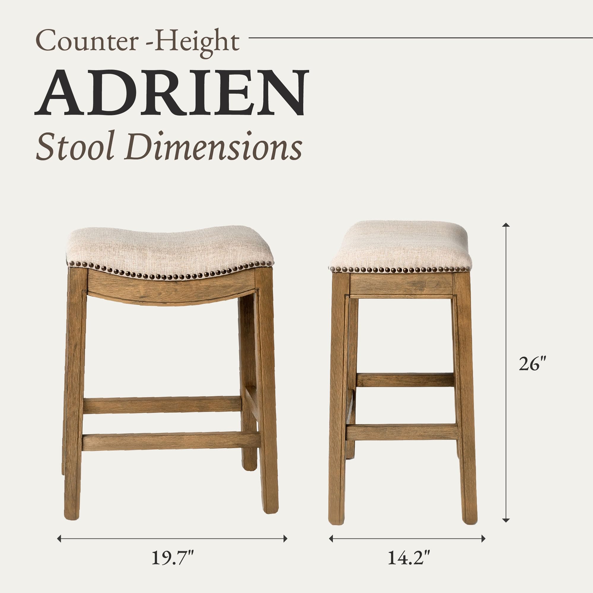 Maven Lane Adrien 26 Inch Counter Height Upholstered Backless Saddle Barstool in Natural Wood Finish with Wheat Cream Fabric Cushion Seat