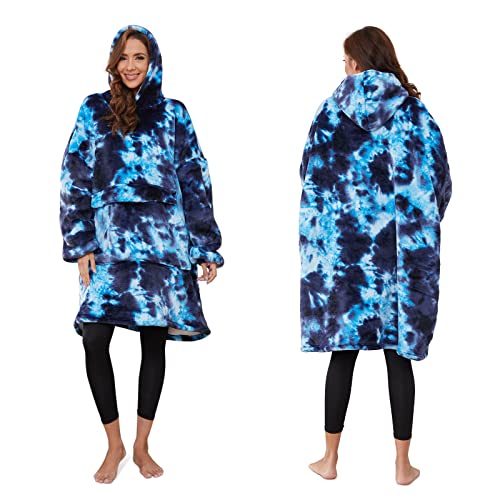 Esran Wearable Blanket Hoodie Sweatshirt for Women and Men with Sleeves and Big Pockets Super Warm One Size Fits All(Dark Blue Tie-dye)
