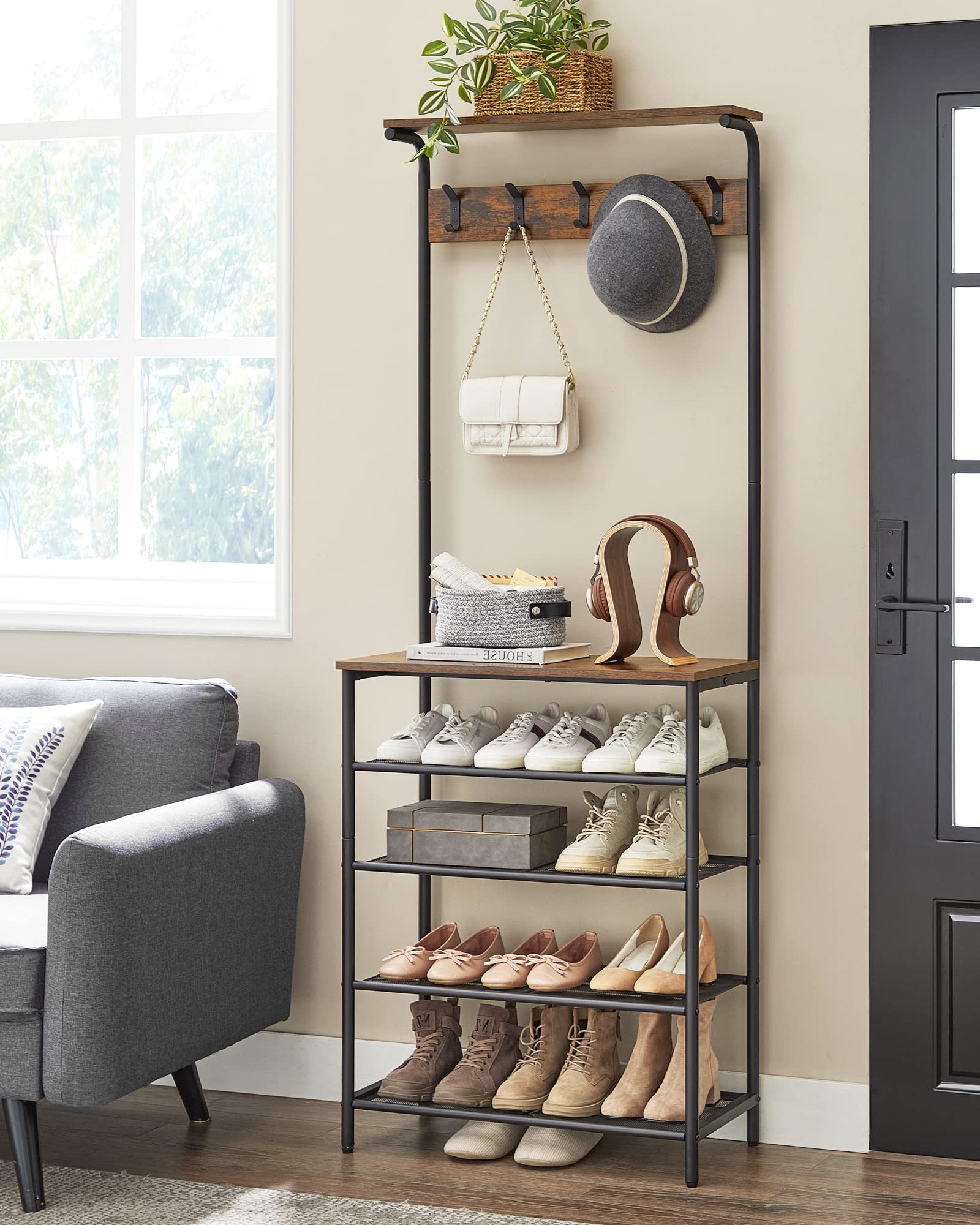 VASAGLE Hall Tree with Shoe Bench, Coat Rack Shoe Bench, 5-Tier Shoe Rack Different Heights, 5 Dual Hooks, Top Shelf, Entryway Organizer, Hallway Bedroom Dorm, Rustic Brown and Black UHSR412B01