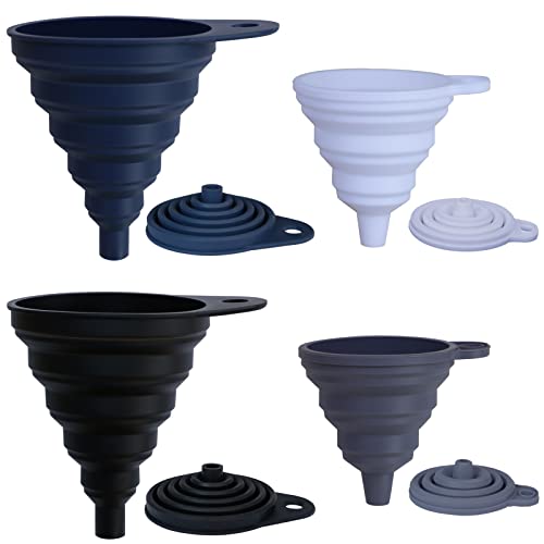 KongNai Funnels for Kitchen Use Set of 4, Silicone Collapsible Funnels for Filling Bottles, Food Grade Funnel for Liquid Powder Transfer, Foldable Kitchen Utensils, BPA Free