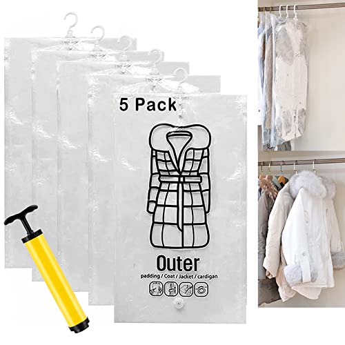 5PCS Large Hanging Vacuum Storage Bags, Reusable Space Saver Vacuum Seal Storage Bags for Clothing with Hand Pumps, Hanging Sealer Bags for Coats, Suits, Jackets and Quilts (27"×44")