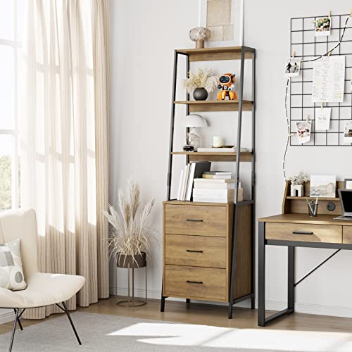 HITHOS Ladder Bookcase with 3 Fabric Drawers, 3 Tier Industrial Bookshelf, Freestanding Tall Nightstand Organizer Unit for Living Room, Bedroom, Office, Rustic Brown