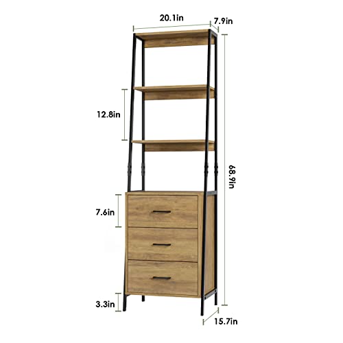 HITHOS Ladder Bookcase with 3 Fabric Drawers, 3 Tier Industrial Bookshelf, Freestanding Tall Nightstand Organizer Unit for Living Room, Bedroom, Office, Rustic Brown