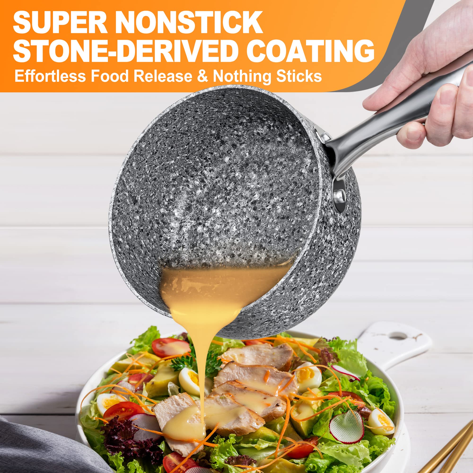 MICHELANGELO Saucepan with Lid 3 Qaurt, Ultra Nonstick Sauce Pan with Non toxic Stone-Derived Coating, Sauce Pot & Saucepan Set with Lid 1 Quart & 2 Quart