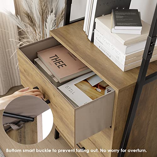 HITHOS Ladder Bookcase with 3 Fabric Drawers, 3 Tier Industrial Bookshelf, Freestanding Tall Nightstand Organizer Unit for Living Room, Bedroom, Office, Rustic Brown