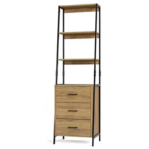 HITHOS Ladder Bookcase with 3 Fabric Drawers, 3 Tier Industrial Bookshelf, Freestanding Tall Nightstand Organizer Unit for Living Room, Bedroom, Office, Rustic Brown
