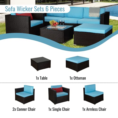 HomSof 6-Piece PE Rattan Wicker Sectional Cushioned Sofa Sets with 1 Red Pillow, Blue + Brown