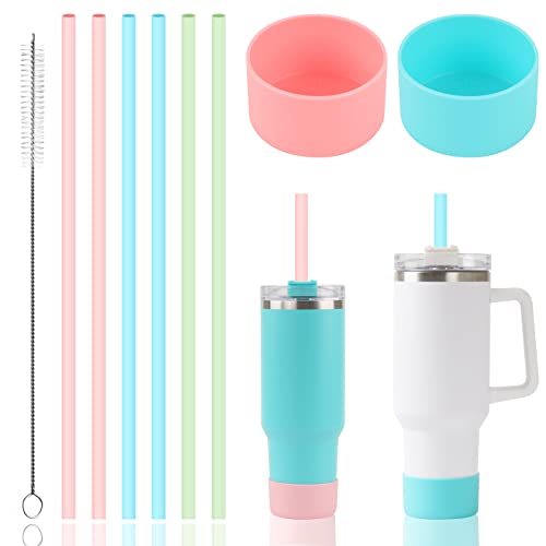 6 Pack Silicone Replacement Straws for Stanley Adventure Quencher 40oz Travel Tumblers, Reusable Straw with 2 Silicone Bumper Boot for Stanley, Compatible with Stanley 40oz Cup Accessories, BPA Free