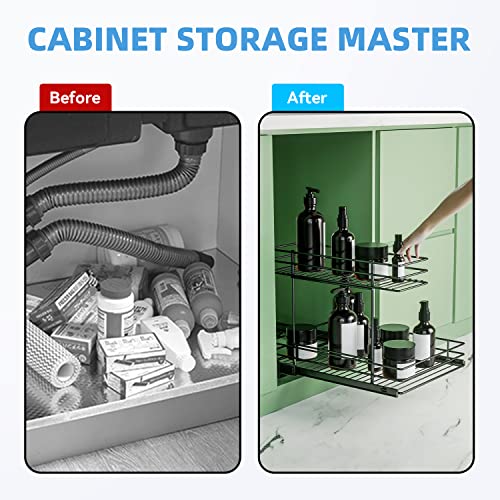 G-TING Pull Out Cabinet Organizer, Under Sink Slide Out Storage Shelf with 2 Tier Sliding Wire Drawer - 12.6W x 16.53D x 12.99H - Request at Least 13 Inch Cabinet Opening(Black)