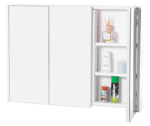 Basicwise QI003456 3 Shelves White Wall Mounted Bathroom/Powder Room Mirrored Door Vanity Cabinet Medicine Chest