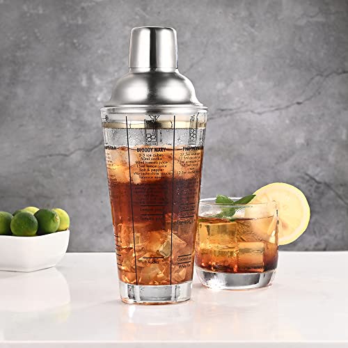 Etens Glass Cocktail Shaker, Martini Shaker 14oz with Recipes on Side | Clear Bar Shaker with Measurements | Built in Strainer with Seal | Crystal Drink Margarita Shakers Bartending