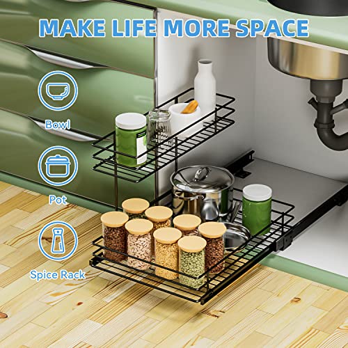 G-TING Pull Out Cabinet Organizer, Under Sink Slide Out Storage Shelf with 2 Tier Sliding Wire Drawer - 12.6W x 16.53D x 12.99H - Request at Least 13 Inch Cabinet Opening(Black)
