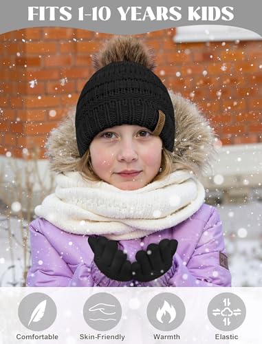 3PCS Kids Winter Hat Scarf Gloves Set Knit Thick Warm Toddler Pompom Beanie Neck Warmer for Girls Boys