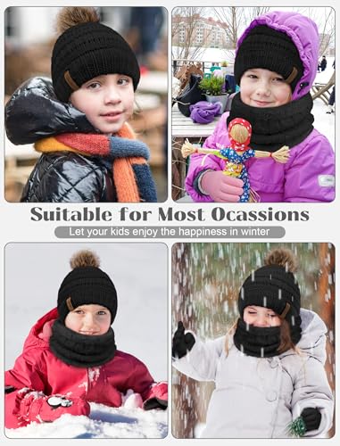 3PCS Kids Winter Hat Scarf Gloves Set Knit Thick Warm Toddler Pompom Beanie Neck Warmer for Girls Boys