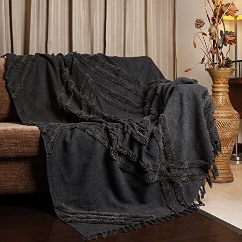 HOMEMONDE Rustic Farmhouse Throw Blankets Charcoal Gray for Couch Hand Woven Tufted Soft & Cozy Blanket - 70x50 Inches