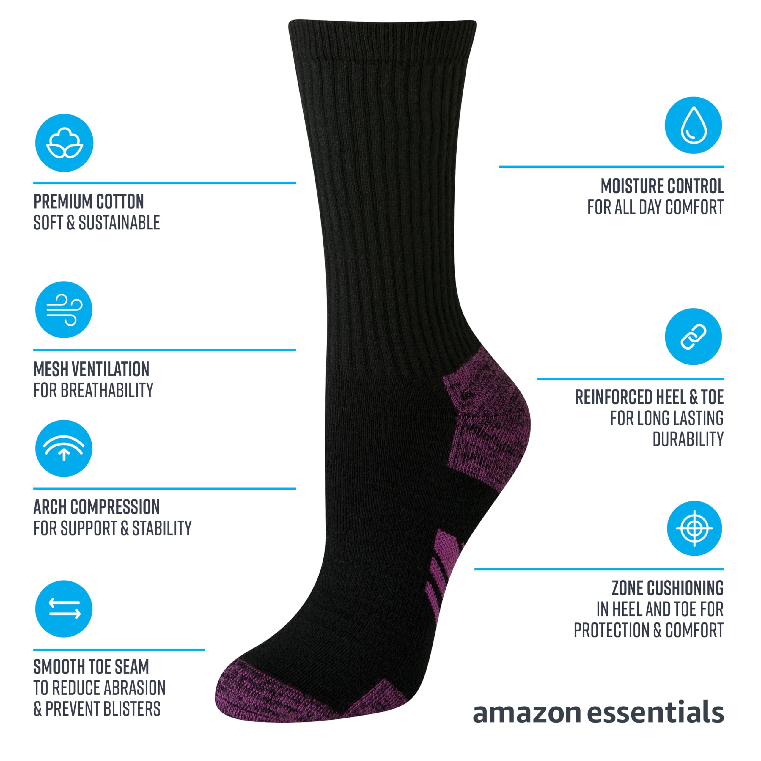 Amazon Essentials Women's Performance Comfortable Cotton Cushioned Breathable Athletic Crew Sports Socks, 6 Pairs, Black, 8-12