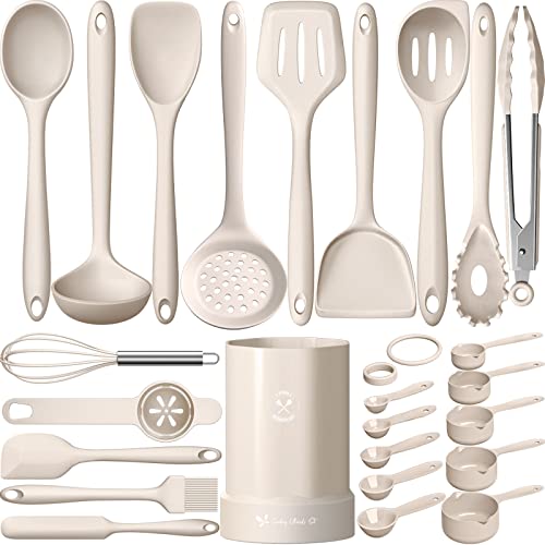 Silicone Kitchen Cooking Utensil Set, Fungun 25 Pcs Kitchen Utensils with Spatula, Spoon, Turner Tongs, Khaki Heat Resistant Kitchen Gadgets Tools Set for Nonstick Cookware (Dishwasher, BPA Free)