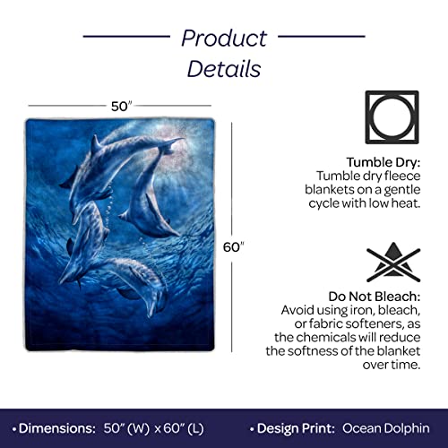 Bedford Home Sherpa Fleece Throw Blanket, Machine Washable, Warm, Soft, Hypoallergenic, Breathable, Lightweight Multipurpose Plush Warmer for Adults and Kids - Ocean Dolphin Pattern 60β (L) x 50β (W)