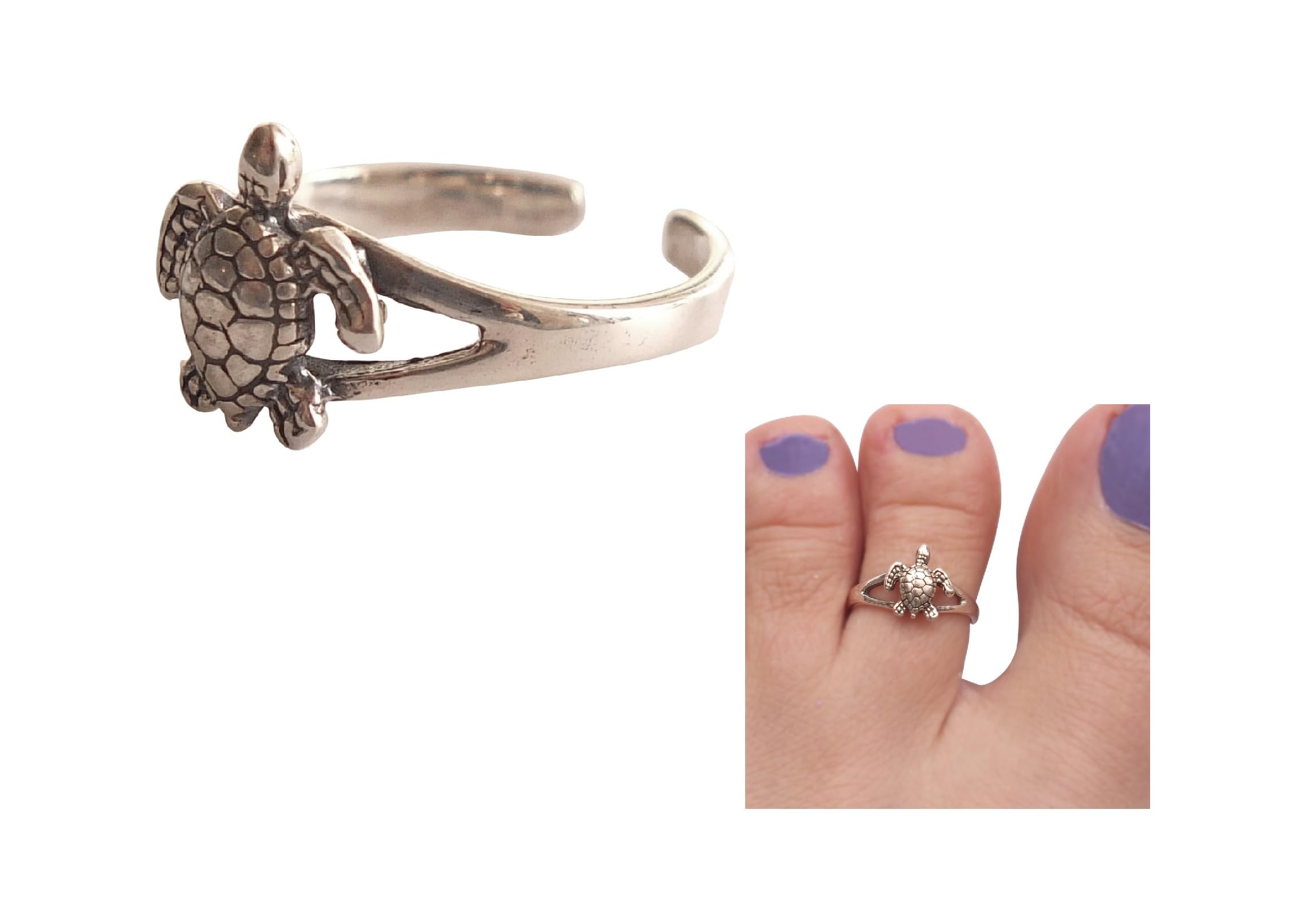 Handmade Silver Turtle Band Adjustable Toe Ring, 925 Sterling Silver, Cute Animal Dainty Open Toe, Pinky or Knuckle Rings for Women, By MiYa Jewelry Creations