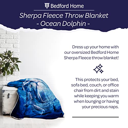 Bedford Home Sherpa Fleece Throw Blanket, Machine Washable, Warm, Soft, Hypoallergenic, Breathable, Lightweight Multipurpose Plush Warmer for Adults and Kids - Ocean Dolphin Pattern 60β (L) x 50β (W)